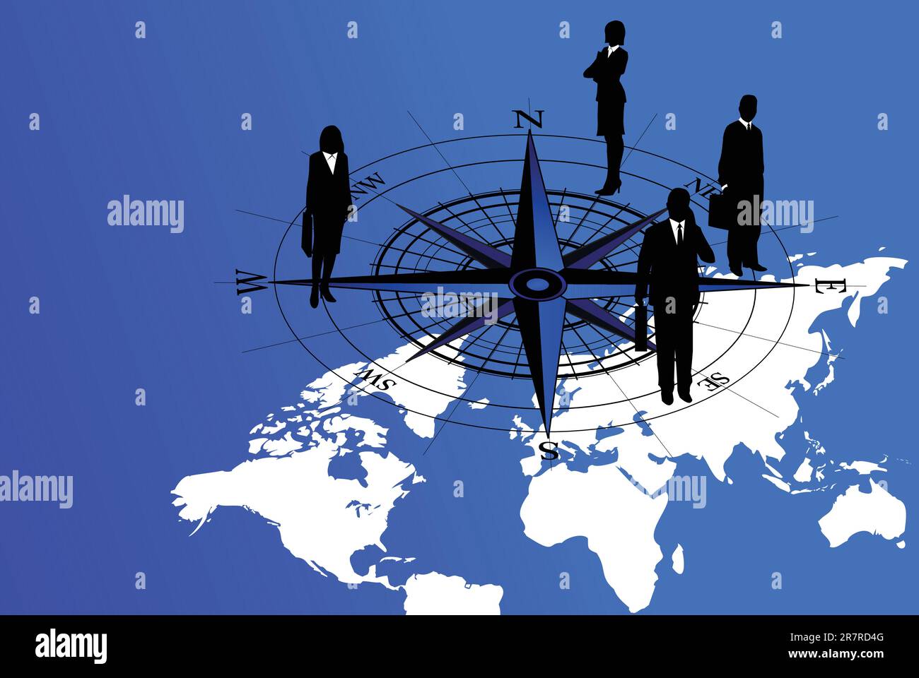 Abstract background with world map and business people on compass icon ...