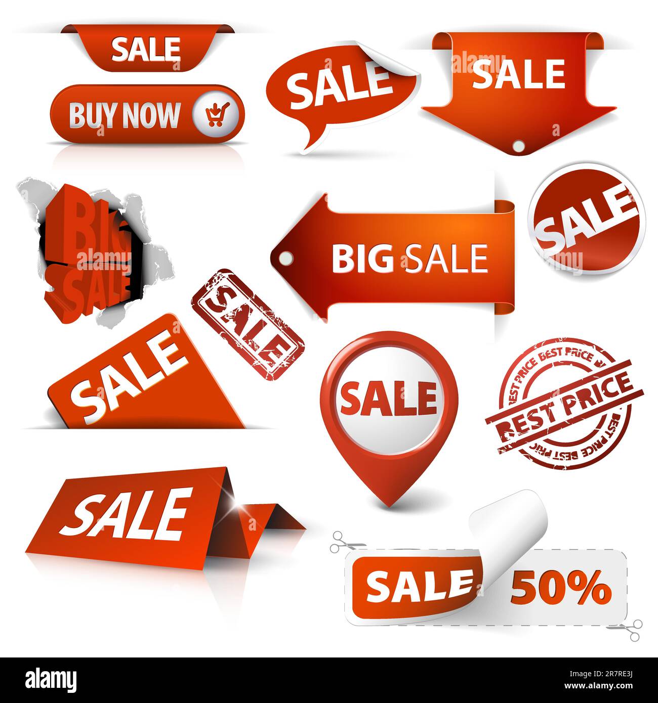 Collection of red sale tickets, labels, stamps, stickers, corners, tags ...