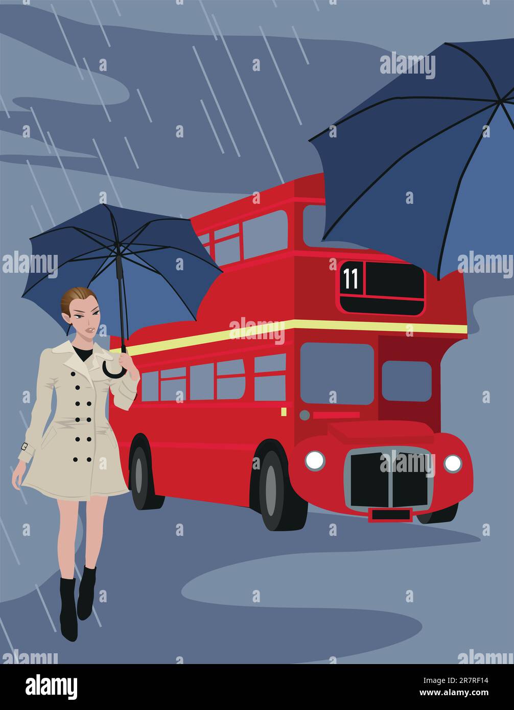 Illustration of London buses and a woman with umbrella Stock Vector ...