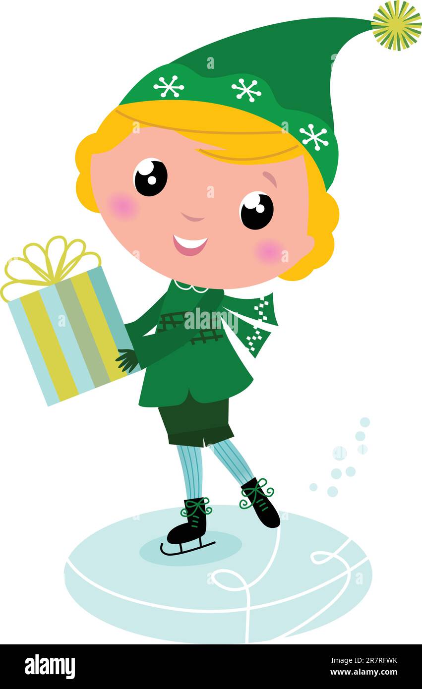 Cute Christmas ice skating Elf with Gift isolated on white. Vector ...