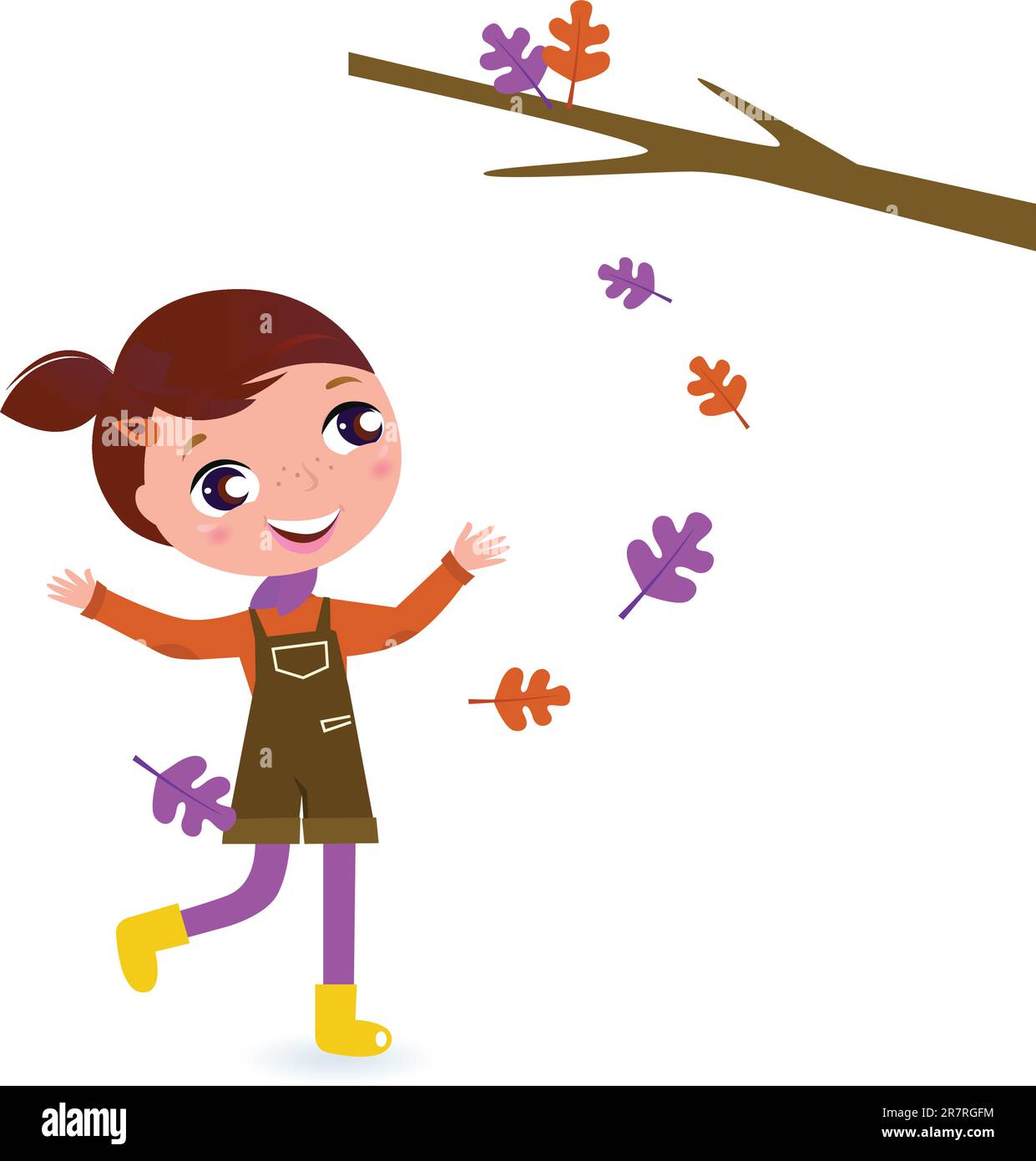 Little Girl & falling Tree Leaves - vector cartoon Illustration Stock ...