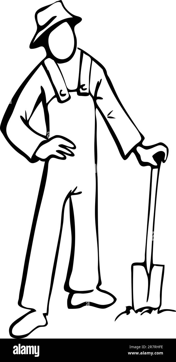 Simplified farmer illustration in black and white. Isolated Stock ...