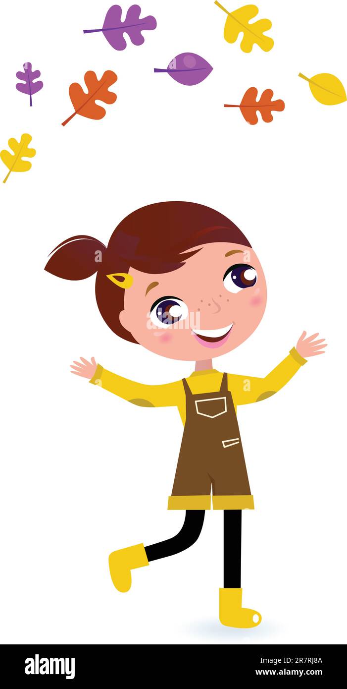 Little Girl & autumn Tree Leaves - vector cartoon Illustration Stock ...