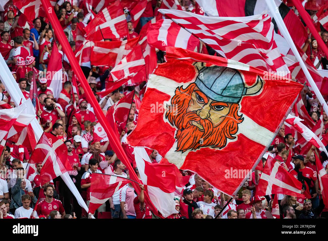 Parken, Copenhagen, Denmark. 16th June, 2023. Danish fans during a UEFA ...