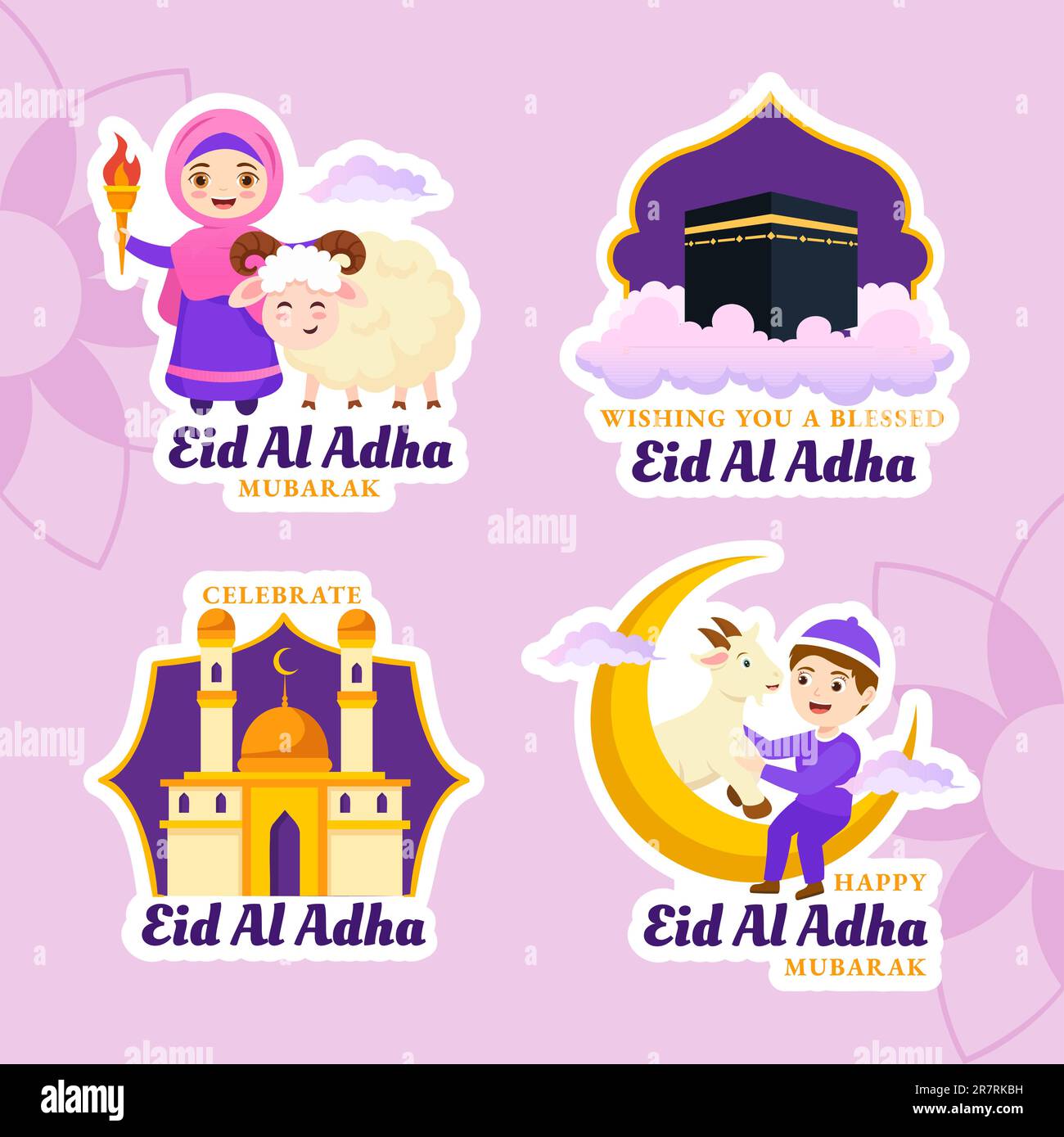 Happy Eid Al Adha Mubarak Label Illustration Flat Cartoon Hand Drawn ...
