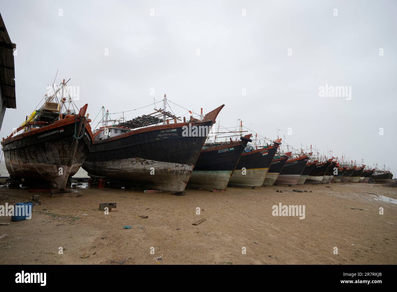 Boats are seen anchored at Jakhau port after landfall of Cyclone ...