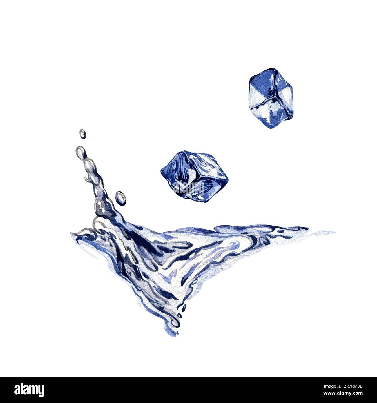 Water splashing with ice cubes isolated on white background. Watercolor ...