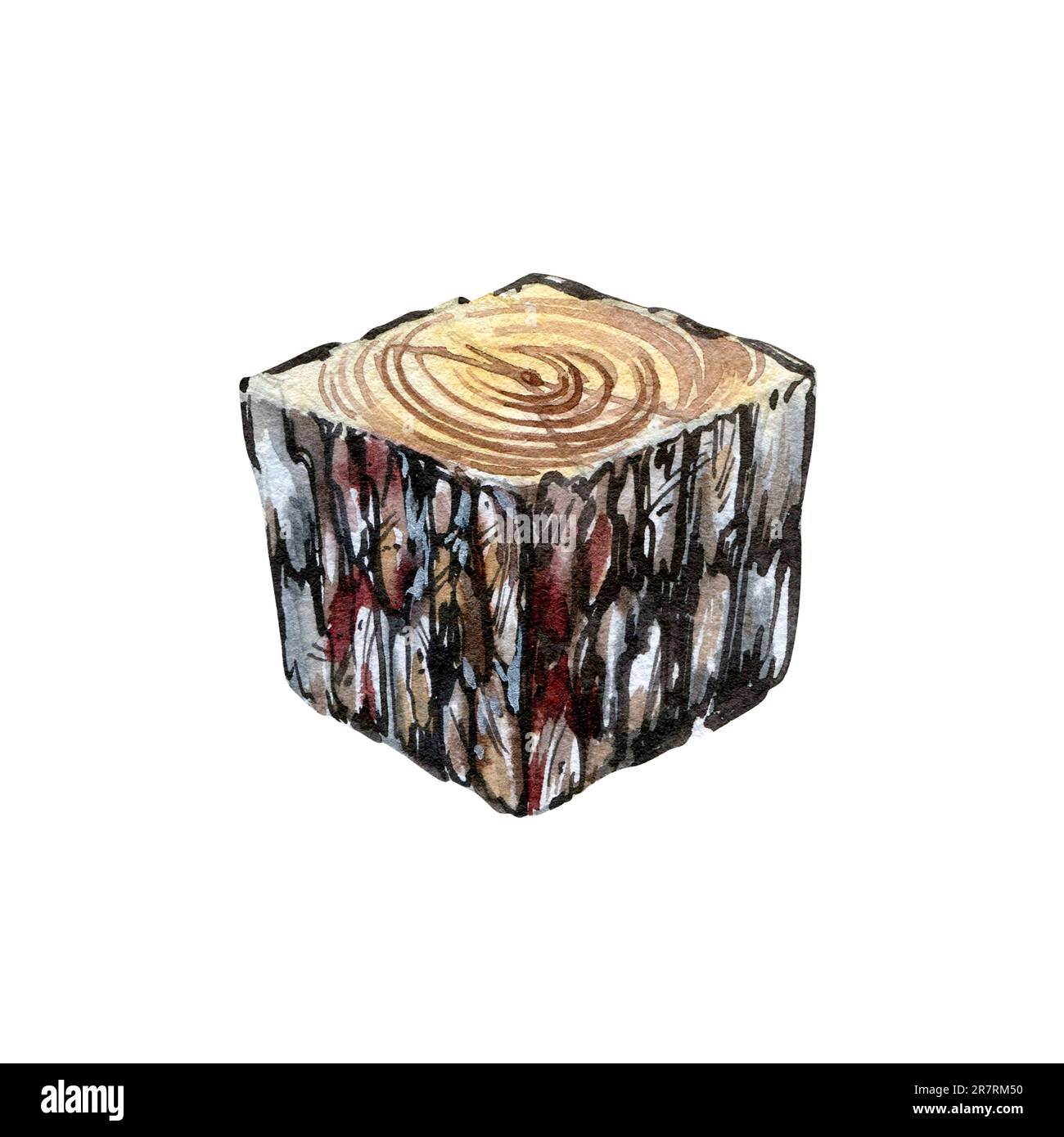 Realistic wooden fibers cube with bark isolated on white background ...