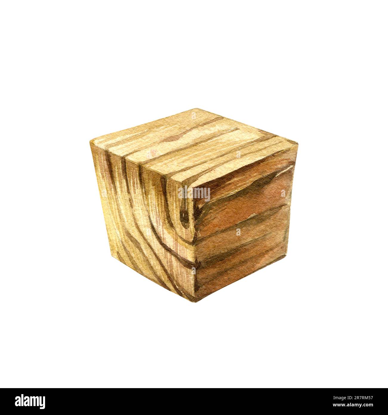 Realistic wooden fibers cube isolated on white background. Watercolor ...