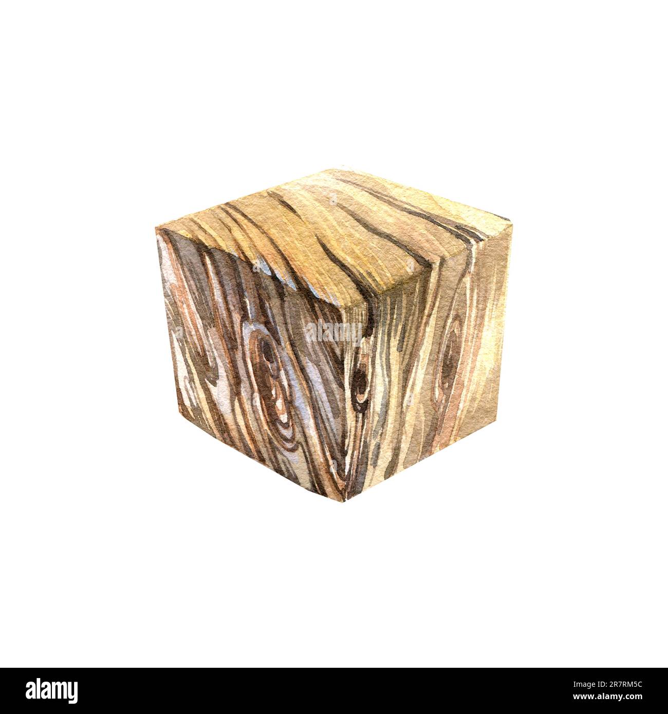 Realistic wooden fibers cube isolated on white background. Watercolor ...