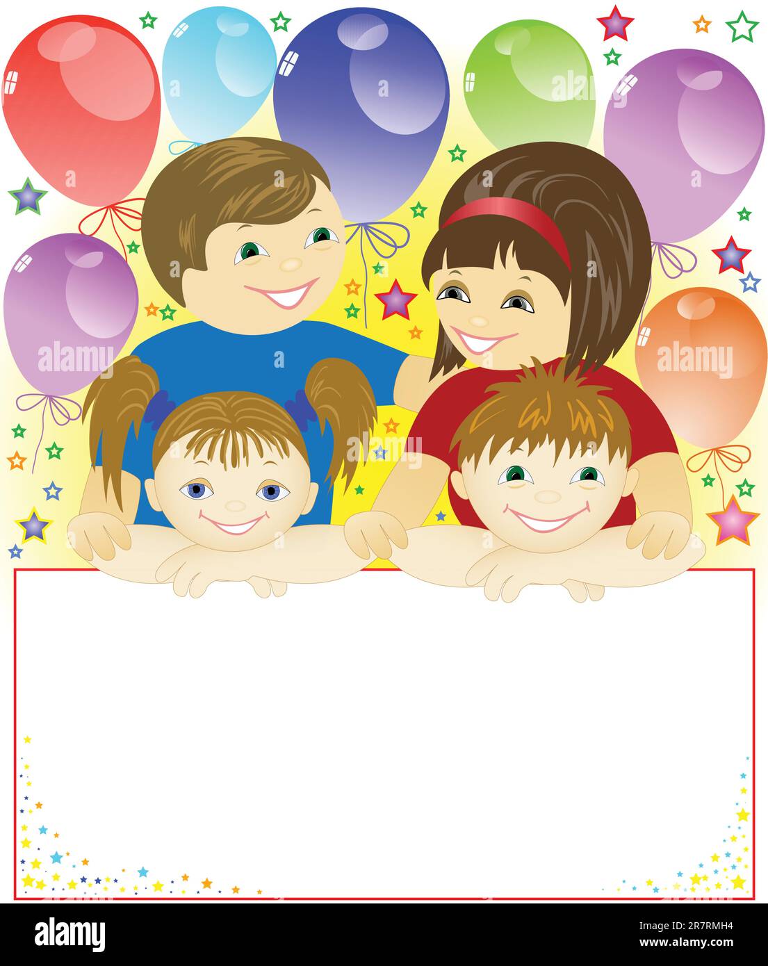 happy family holding a big poster on the background of the balls and ...