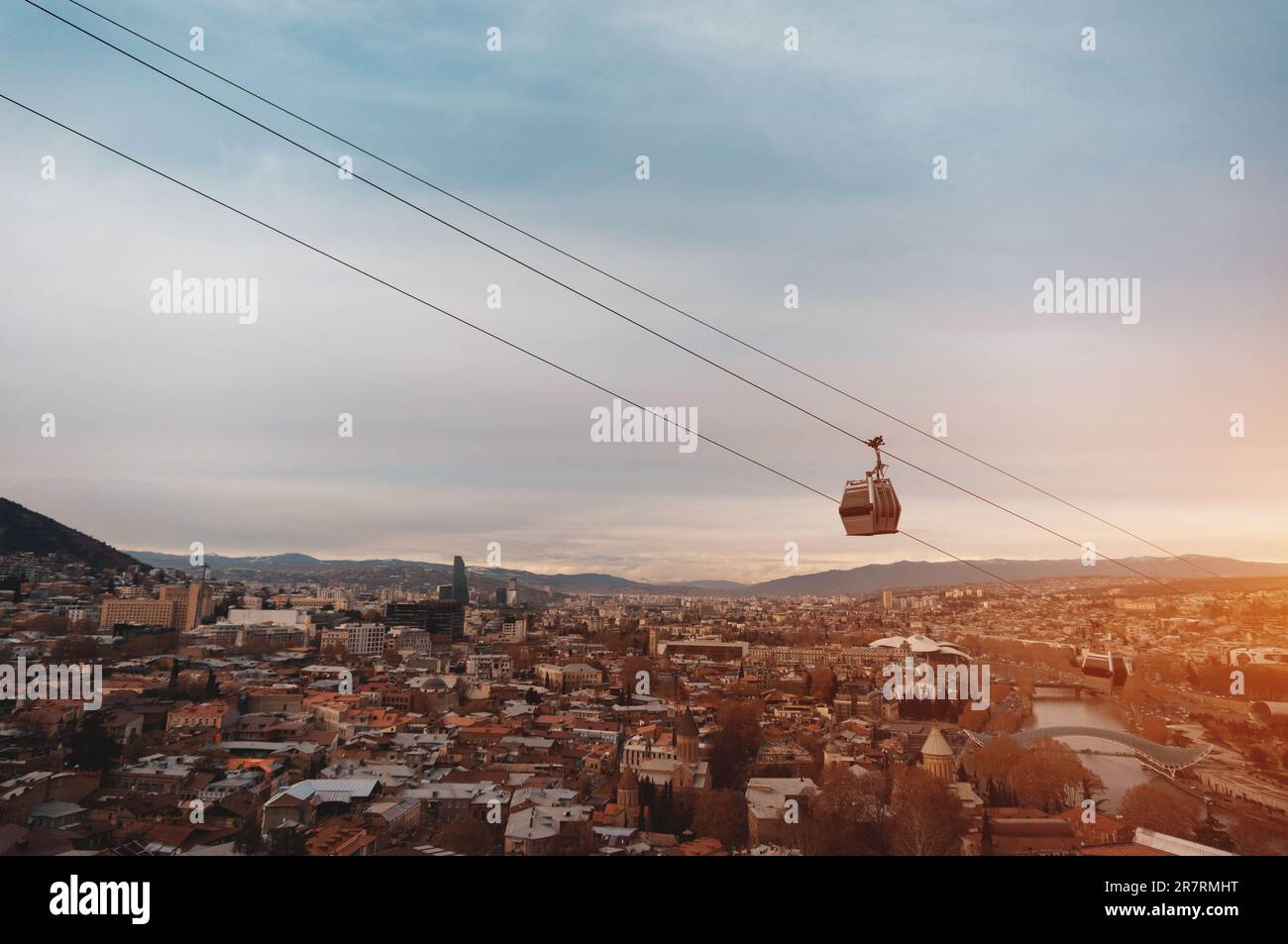 cable car rope way over Georgian capital Tbilisi, aerial of historical ...