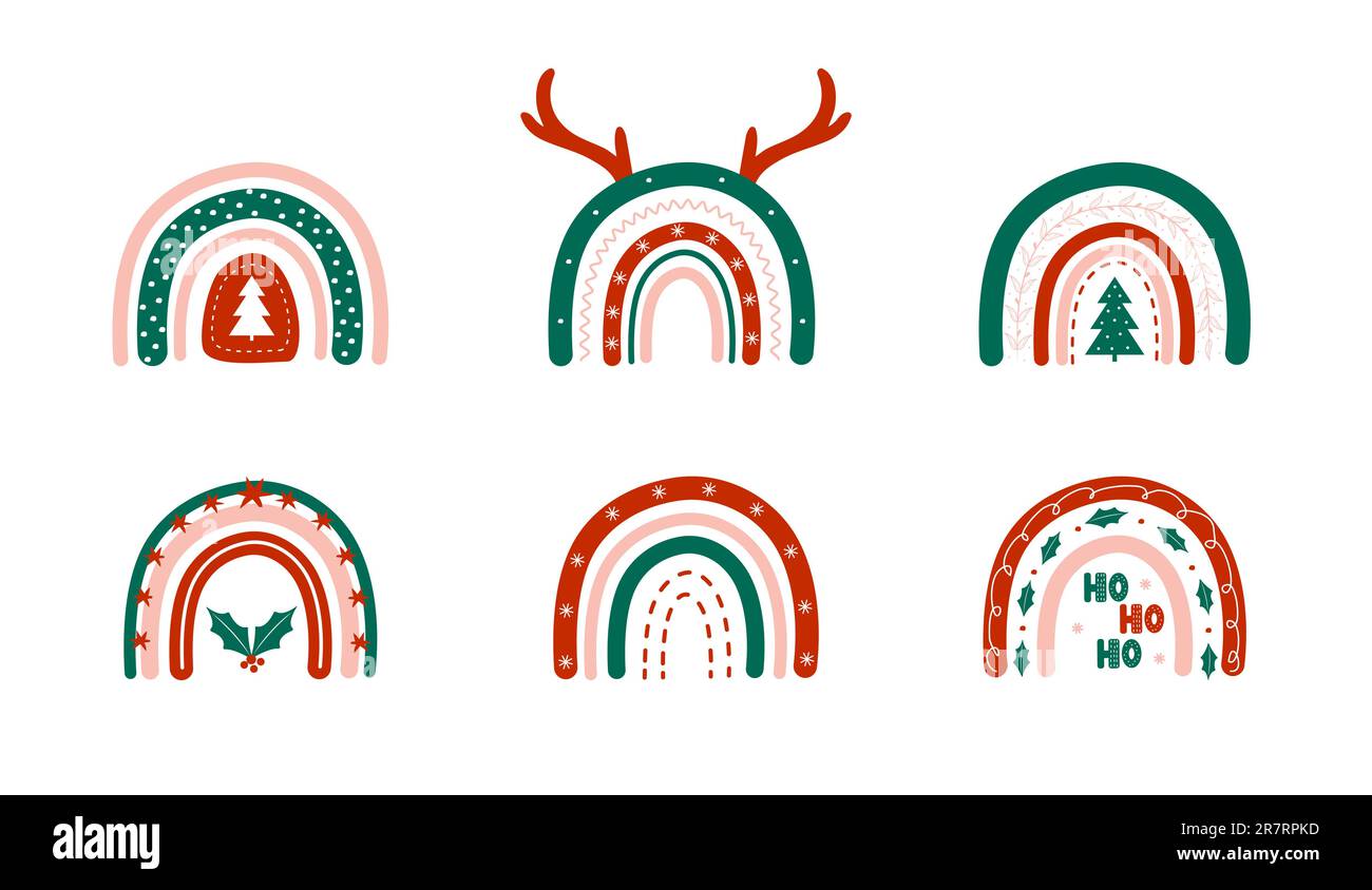 Christmas rainbows with new year elements. Winter clipart set in boho ...