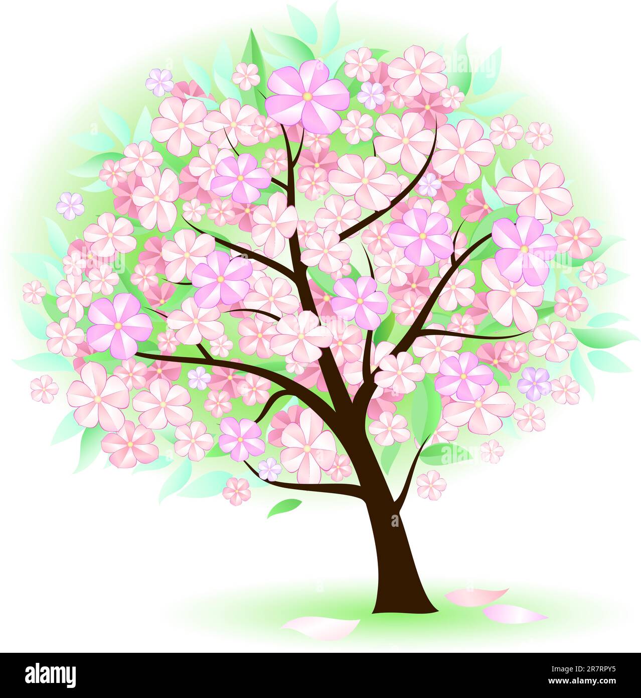 Stylized Tree with leafs and big flowers. Illustration on white ...