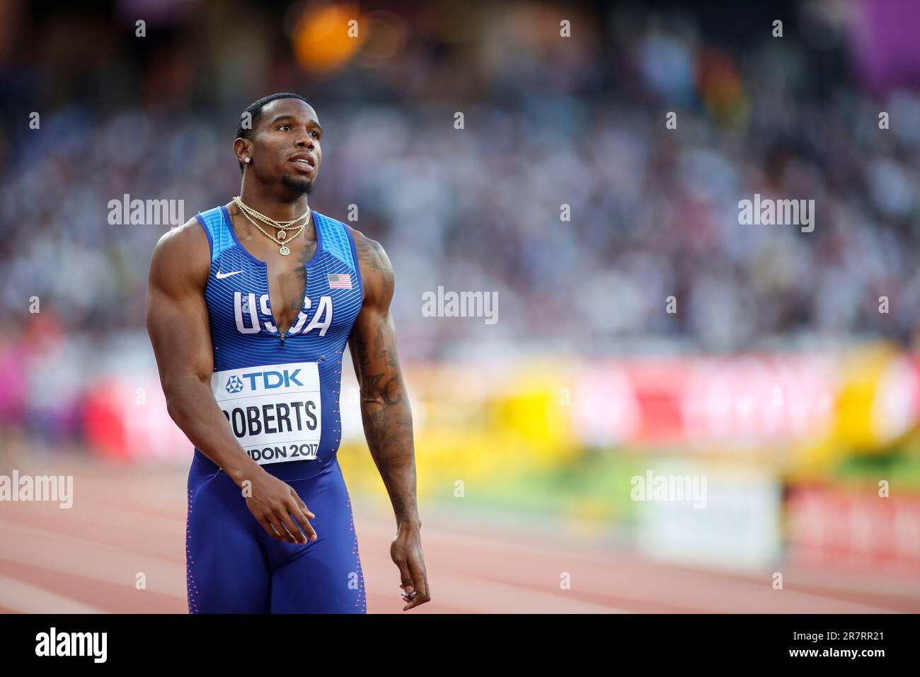 Gil Roberts participating in the 400 meter at the World Athletics ...
