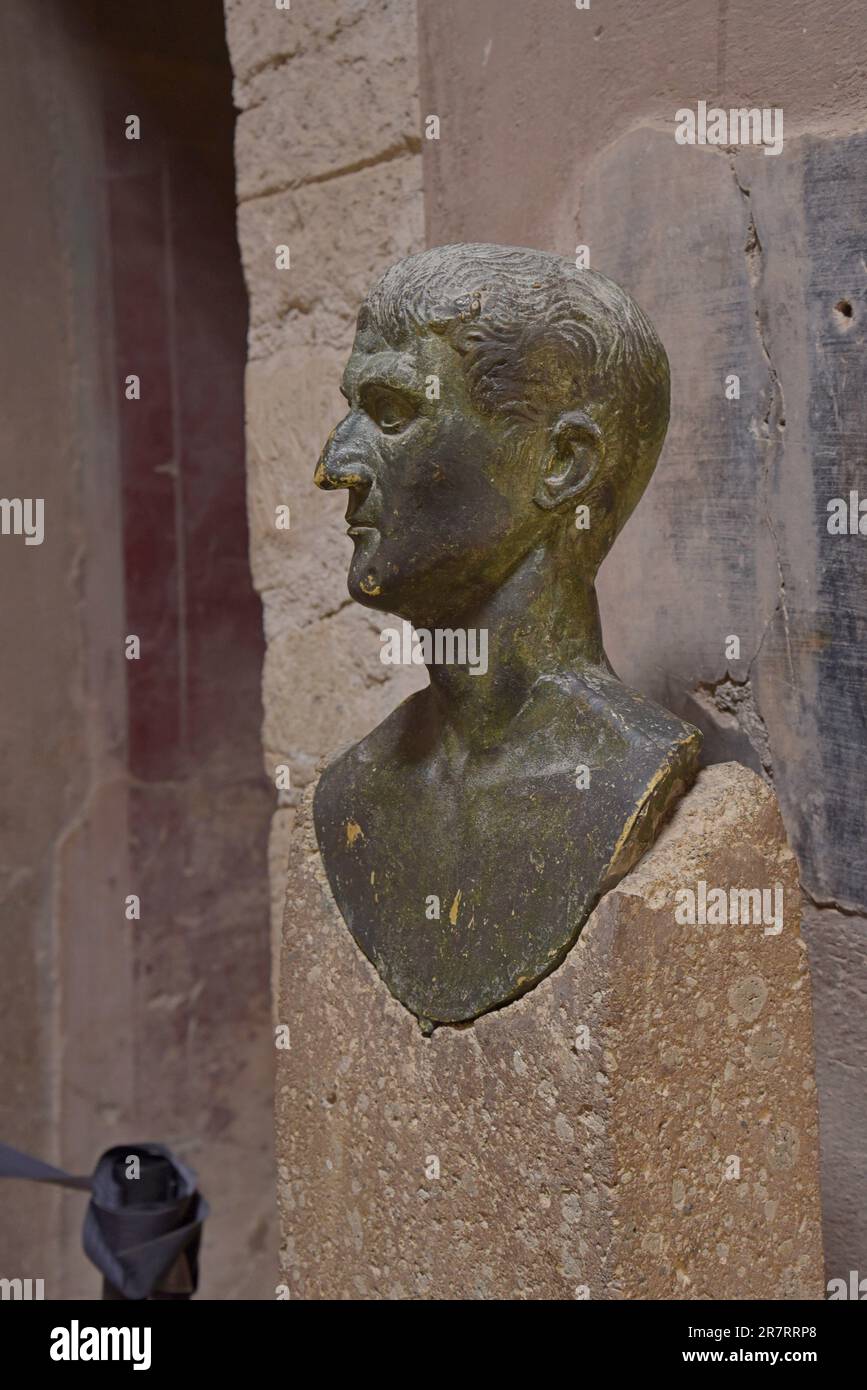A bronze bust figurehead sculpture in the Roman town of Herculaneum ...