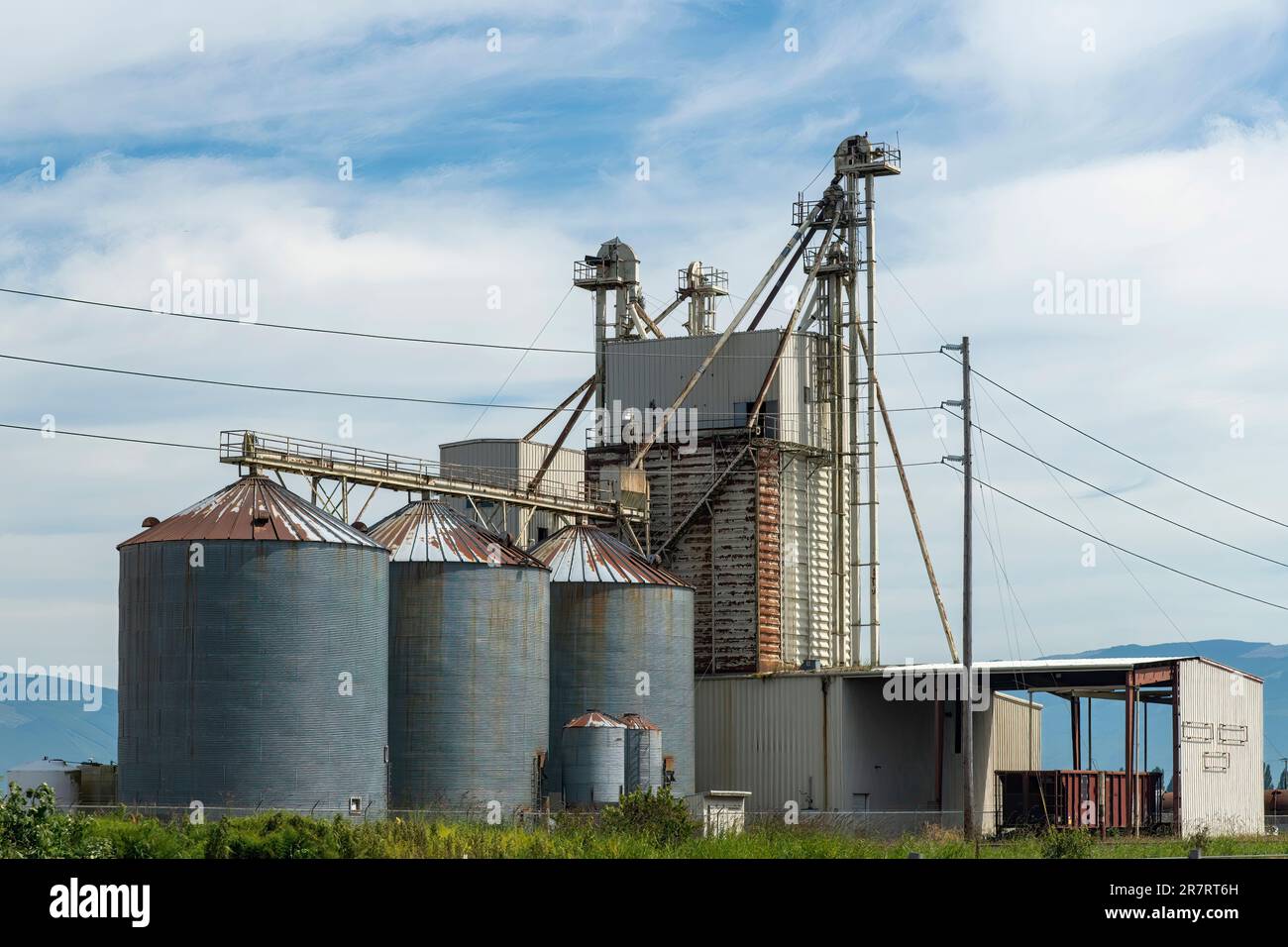 View of a grain crushing facility on a farm in La Conner, WA, USA with ...