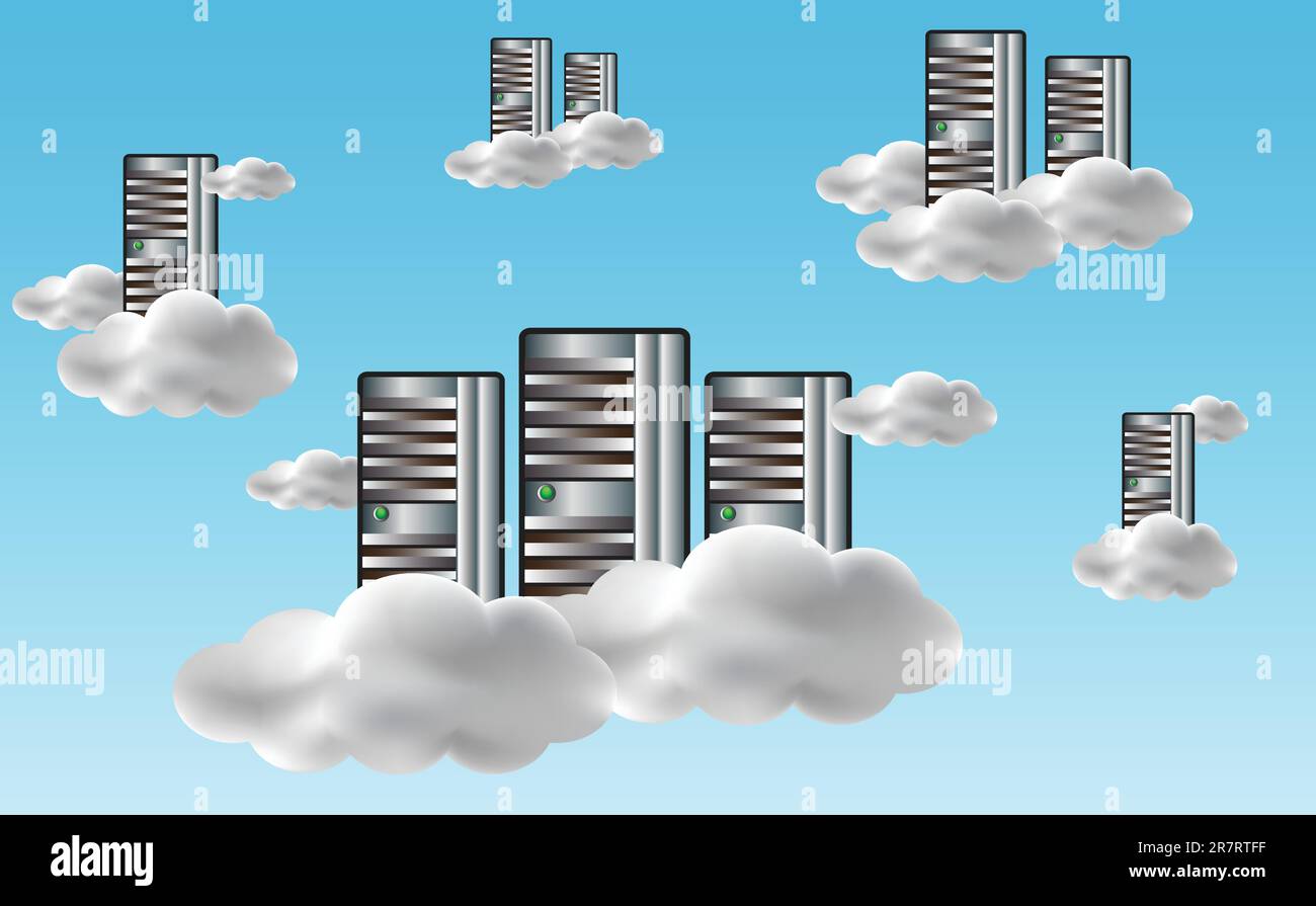 Cloud computing concept with servers in the clouds. Vector illustration ...