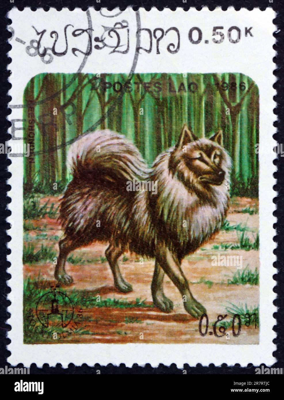 LAOS - CIRCA 1986: a stamp printed in Laos shows keeshond, is a medium ...