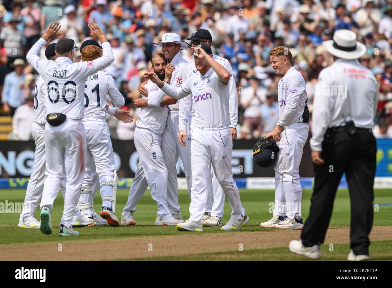 England celebrates the wicket bowled by Moeen Ali of England of Travis ...