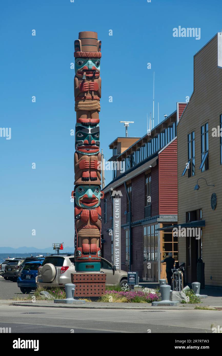 Port Townsend, WA, USA-July 2022; Vertical view of a totem pole in ...