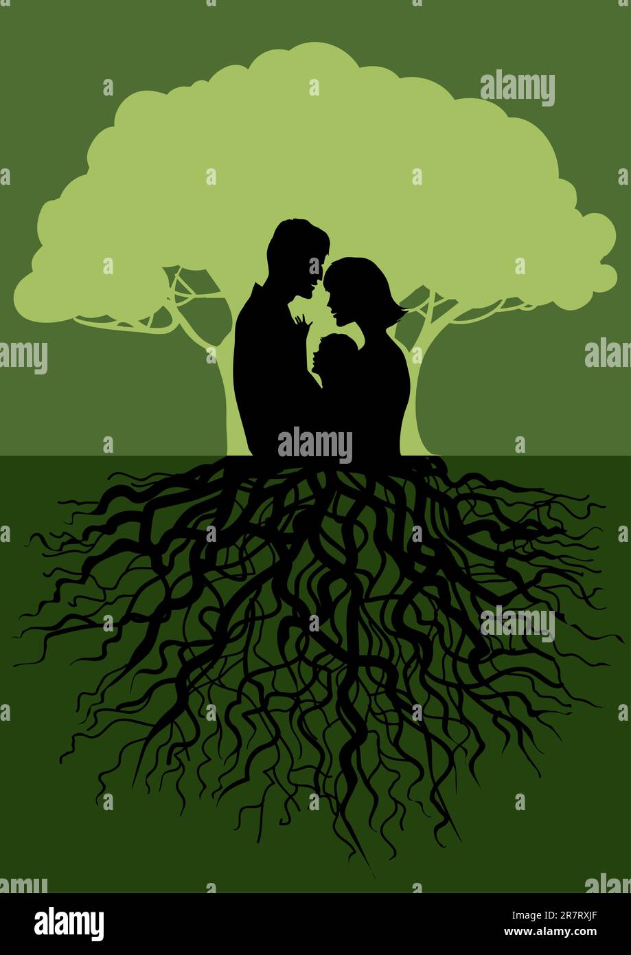 Vector illustration of a family, rooted tree in the background Stock ...