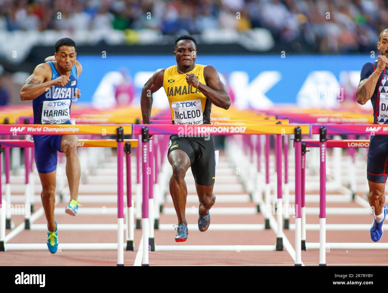 Omar MCLEOD winning in the 110m hurdles final and celebrating with the ...