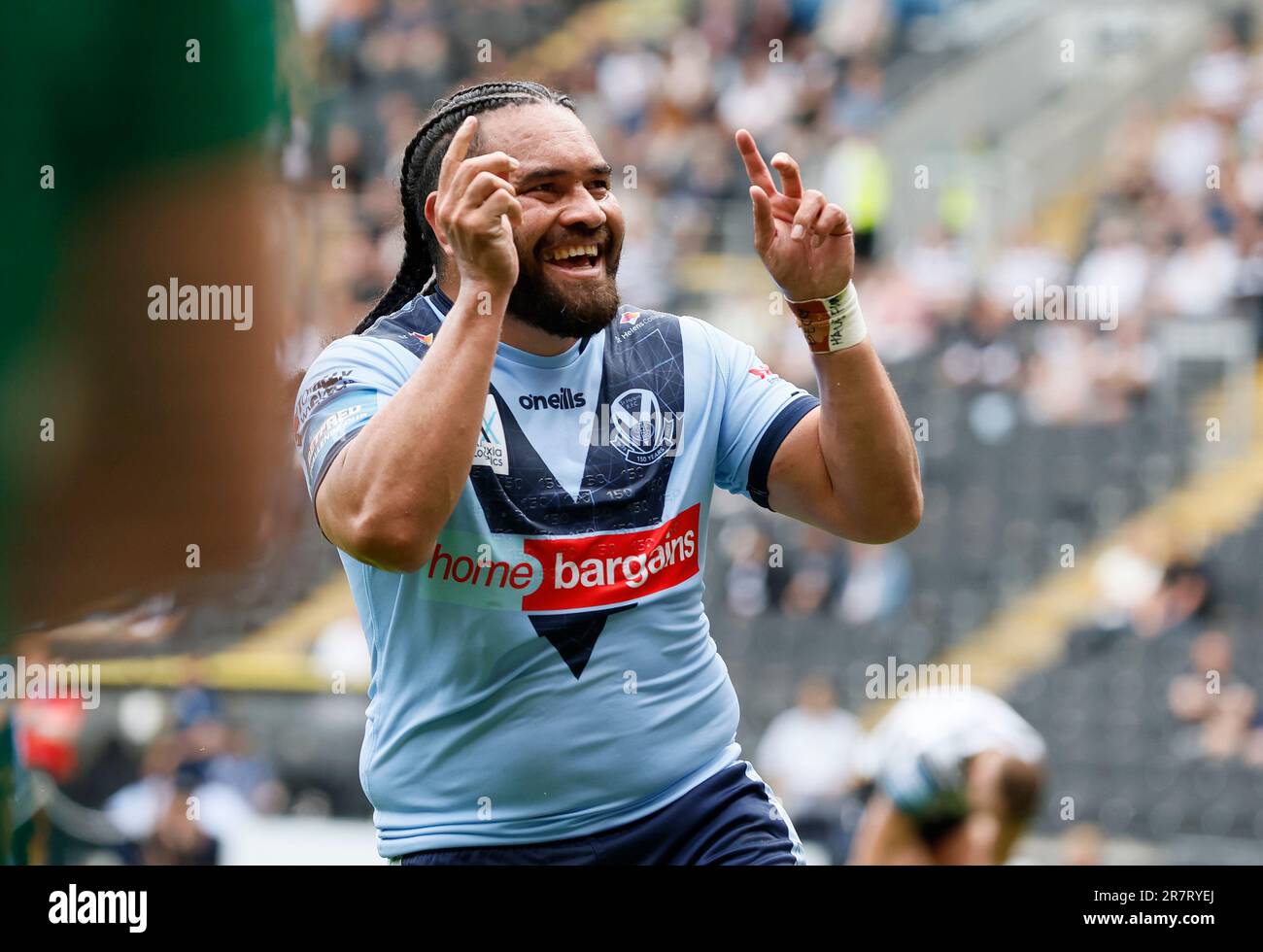 St Helens' Konrad Hurrell celebrates scoring his side's second try ...