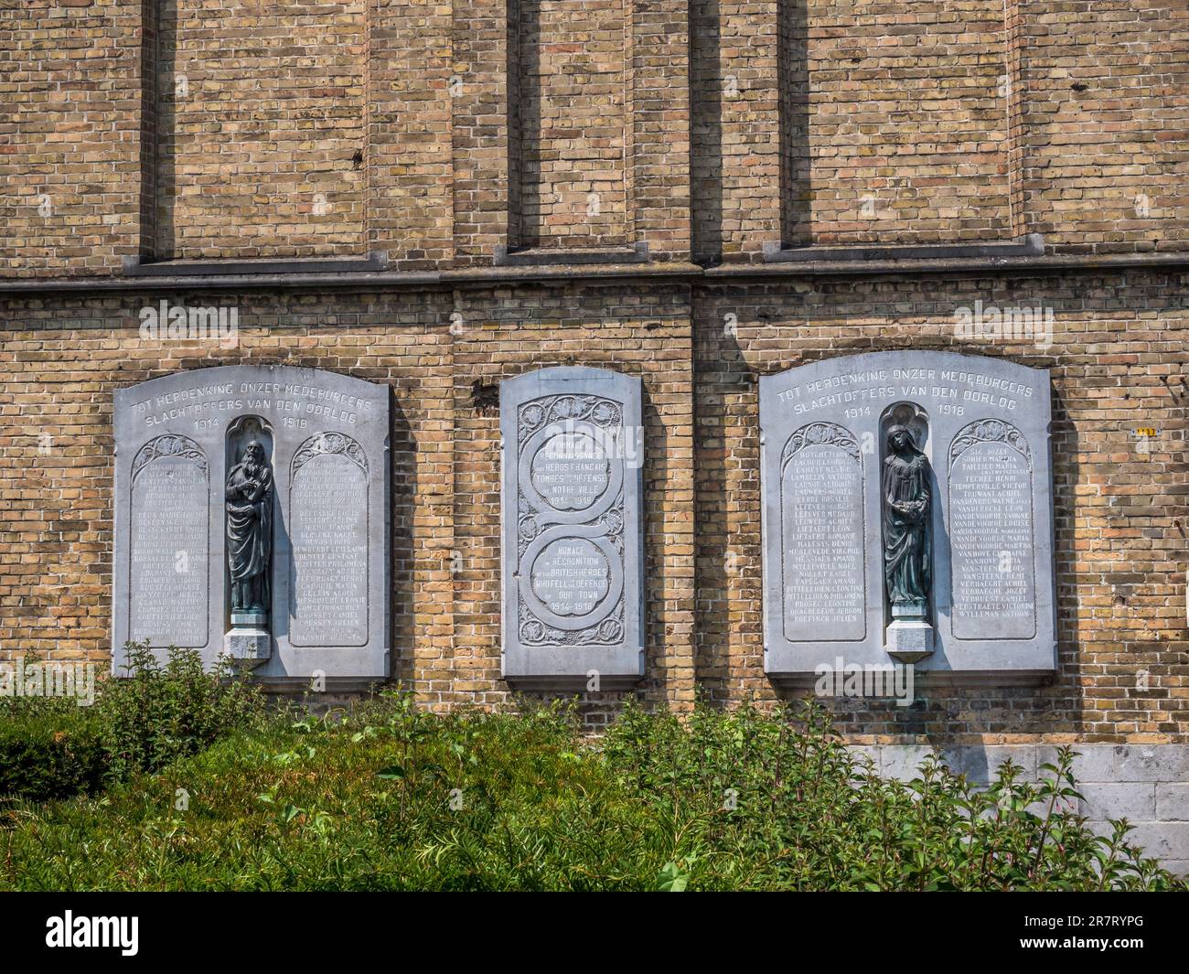 Street scene with WWI memorial plaques in the town square of the ...