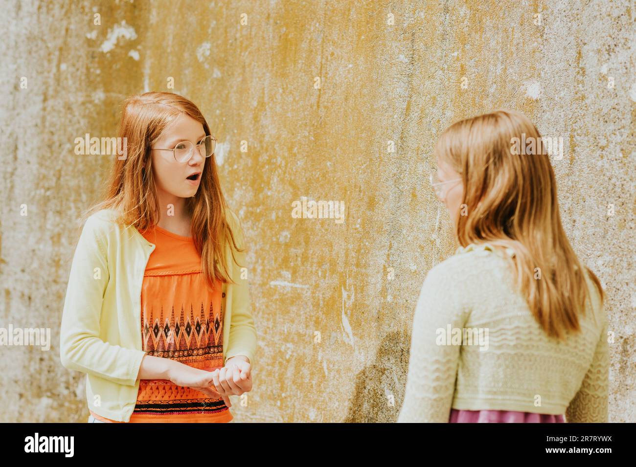 Two young expressive girls having active conversation Stock Photo - Alamy