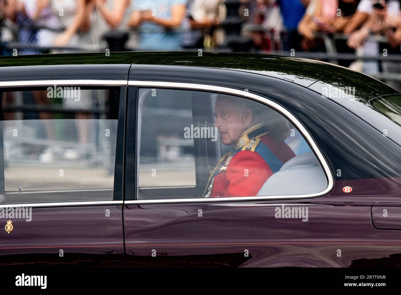 London, UK. 17 June 2023. HM King Charles III scowls as he arrives at ...