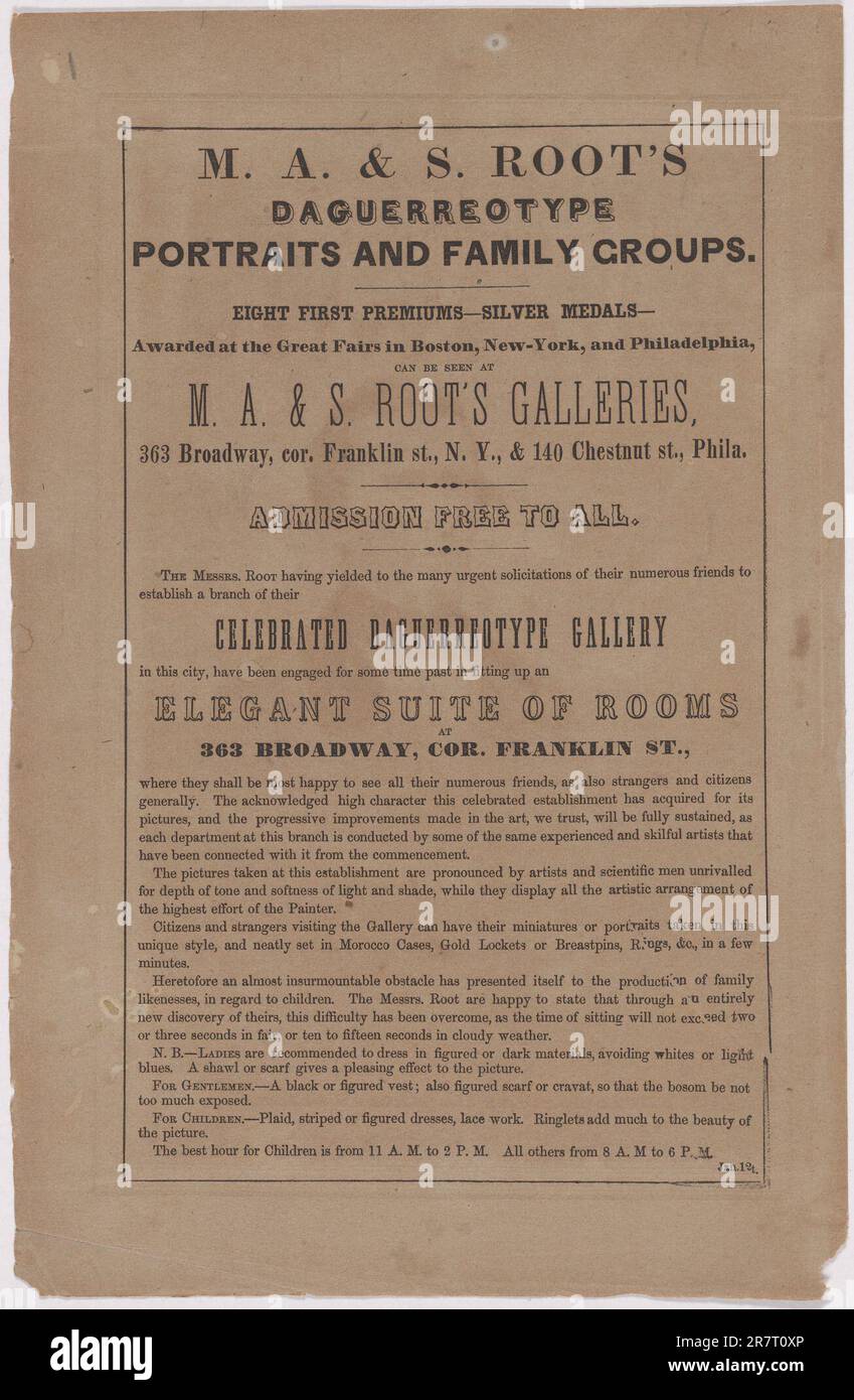 Advertisement for “M.A. & S. Root’s Daguerreotype Portraits and Family ...