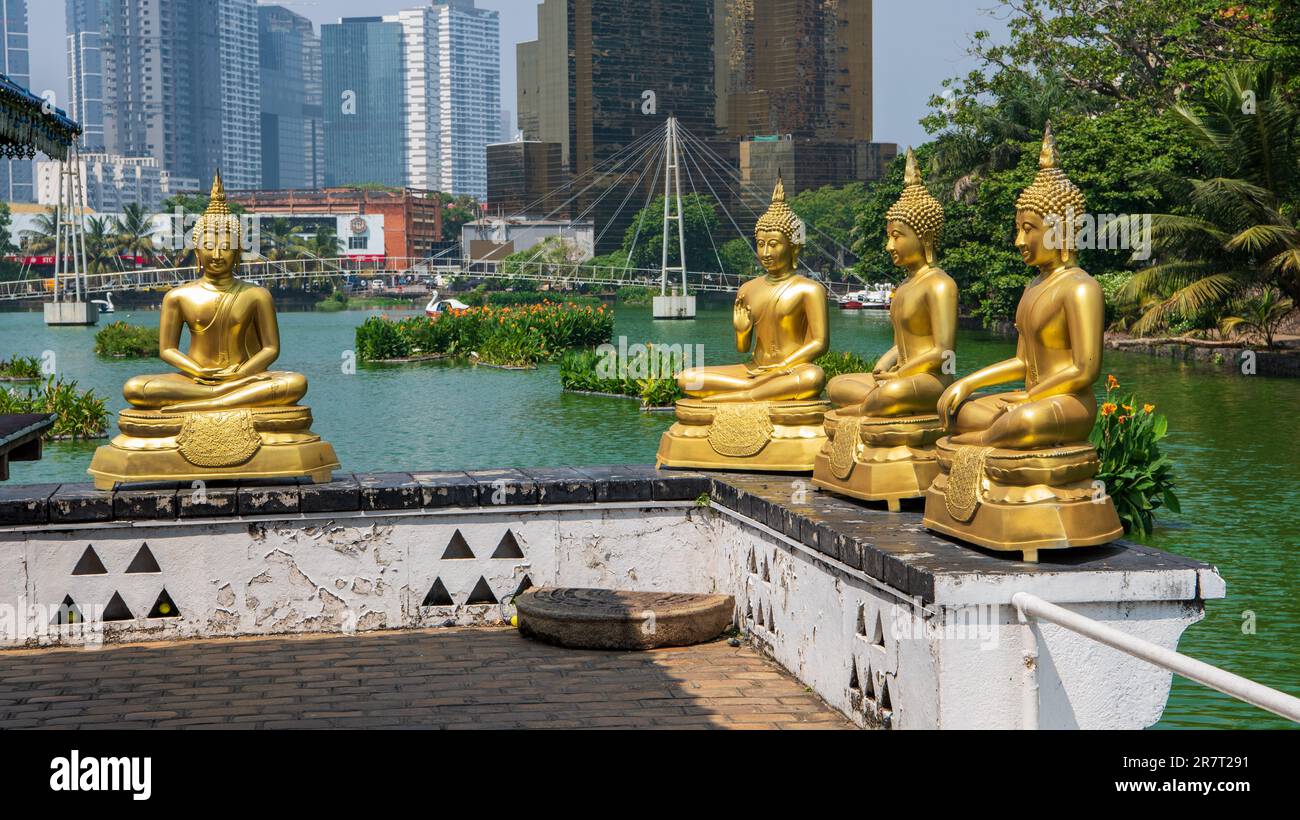 Golden Buddha statues at the Seema Malaka Buddhist Temple overlooking ...