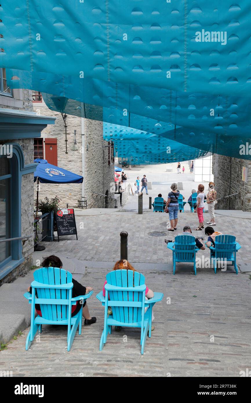 Blue chairs in old town, Quebec City, Province of Quebec, Canada Stock ...