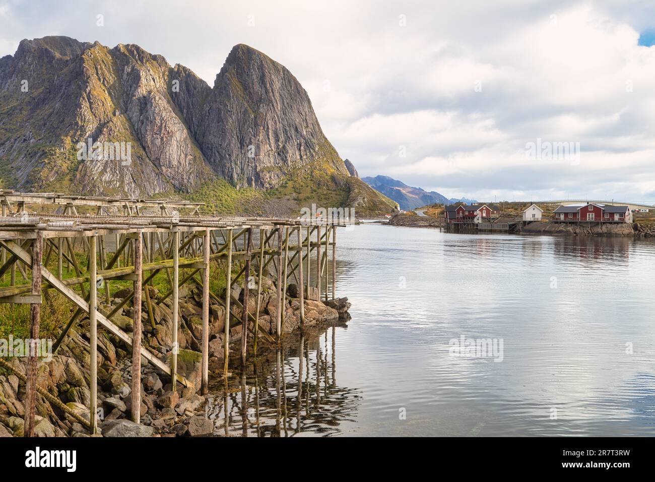 Drying racks for fish and traditional red rorbuer huts in the fishing ...