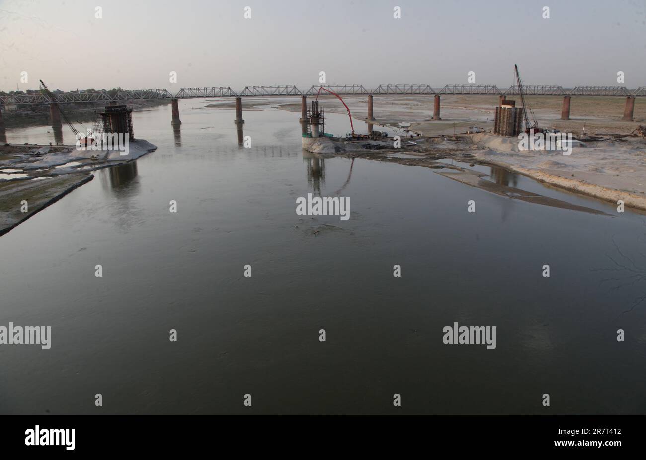 A construction site of a railway bridge over river Ganges in Prayagraj ...