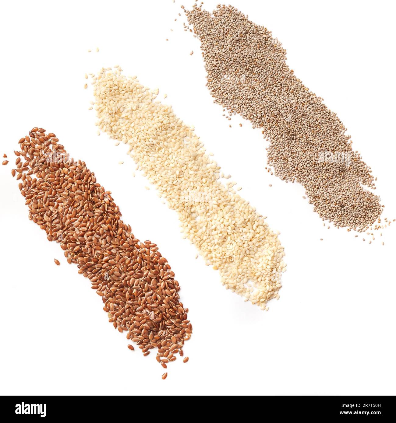 Set of different grains from chia, flax, white sesame seeds isolated on white background. Flat ...