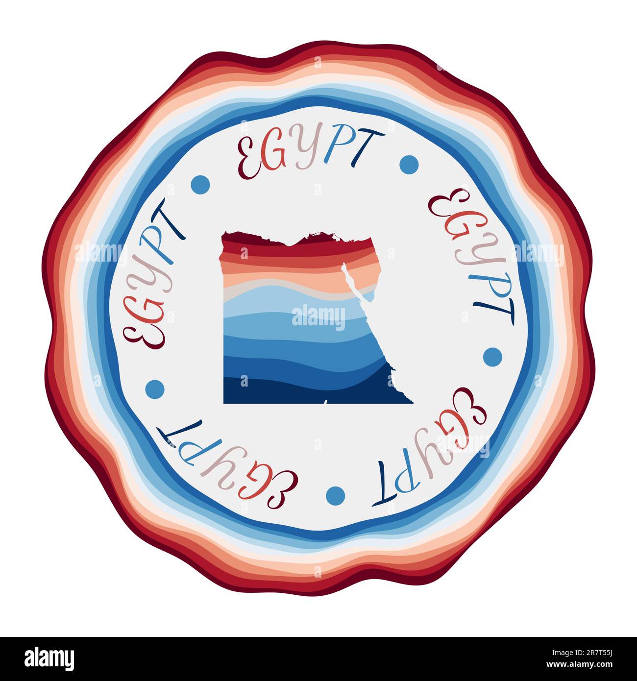 Egypt badge. Map of the country with beautiful geometric waves and vibrant red and blue frame ...