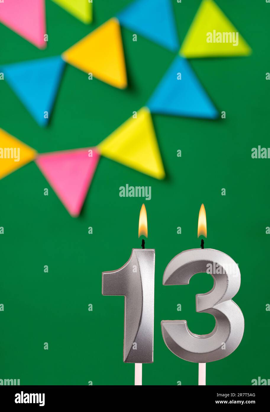 13th Birthday Candle - Green Anniversary Card with Bunting Stock Photo ...