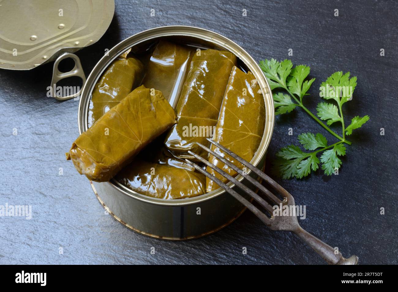 Tin with stuffed vine leaves, rice filling, Greece Stock Photo - Alamy