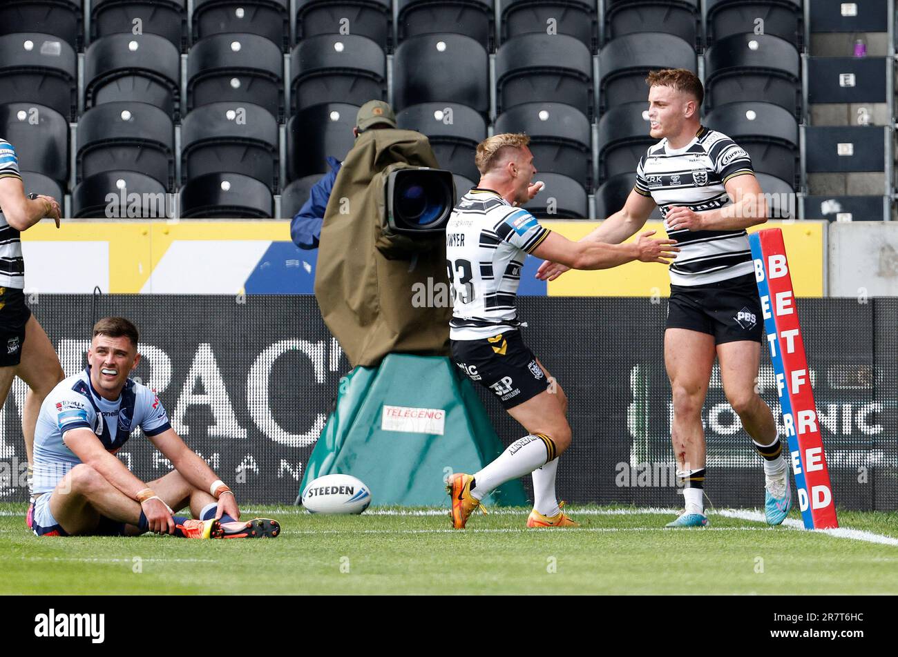 Hull FC's Jake Trueman (right) celebrates scoring their side's third ...