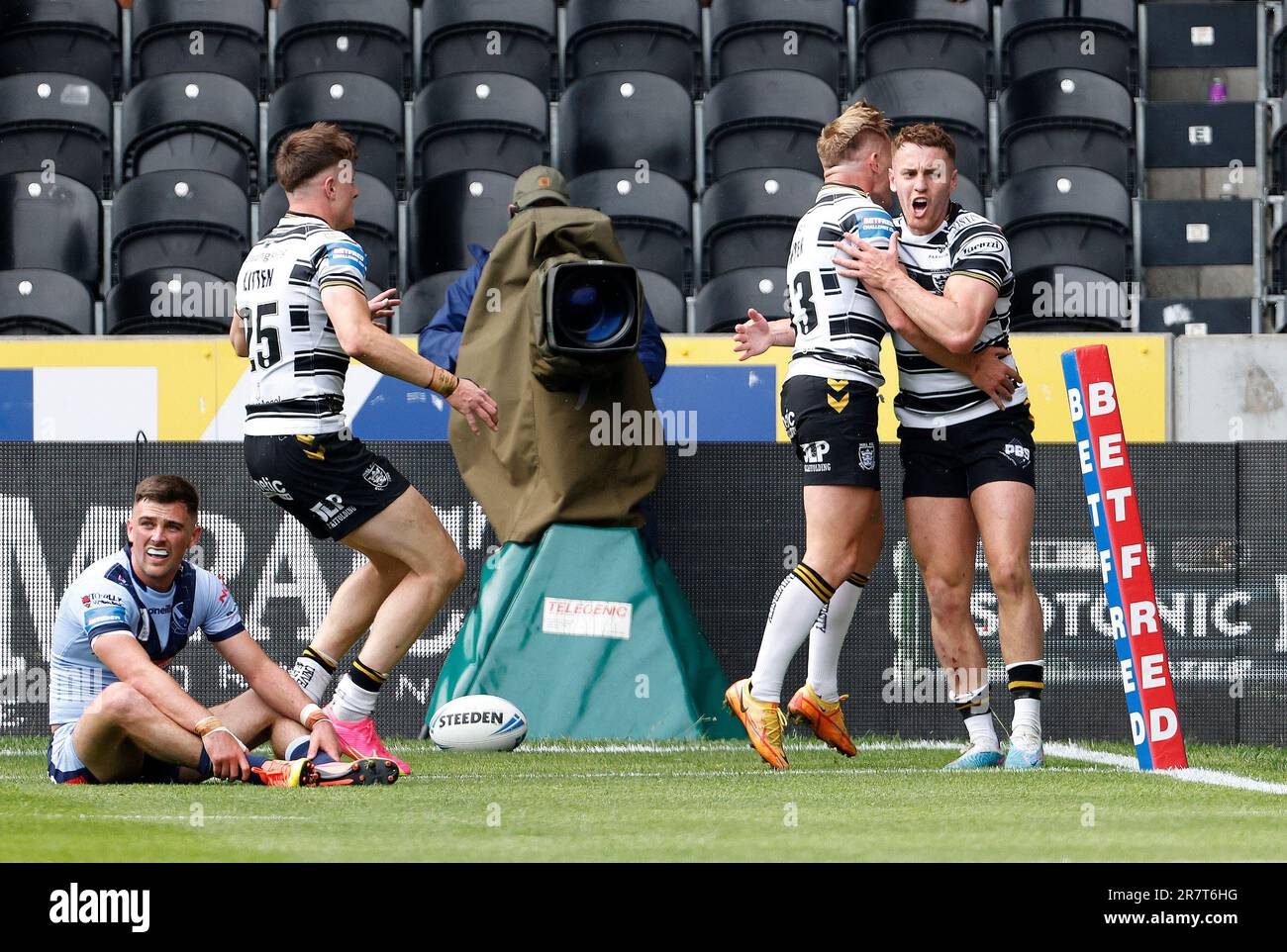 Hull FC's Jake Trueman (right) celebrates scoring their side's third ...