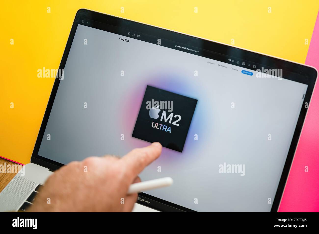 Paris, France - Jun 6, 2023: Pointing on the new M2 Ultra with 24-core ...