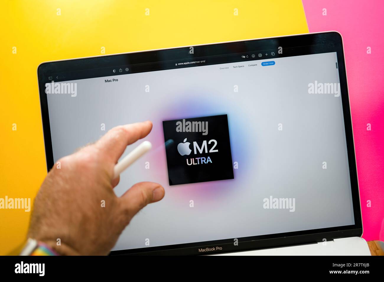 Paris, France - Jun 6, 2023: Pointing on the new M2 Ultra with 24-core ...