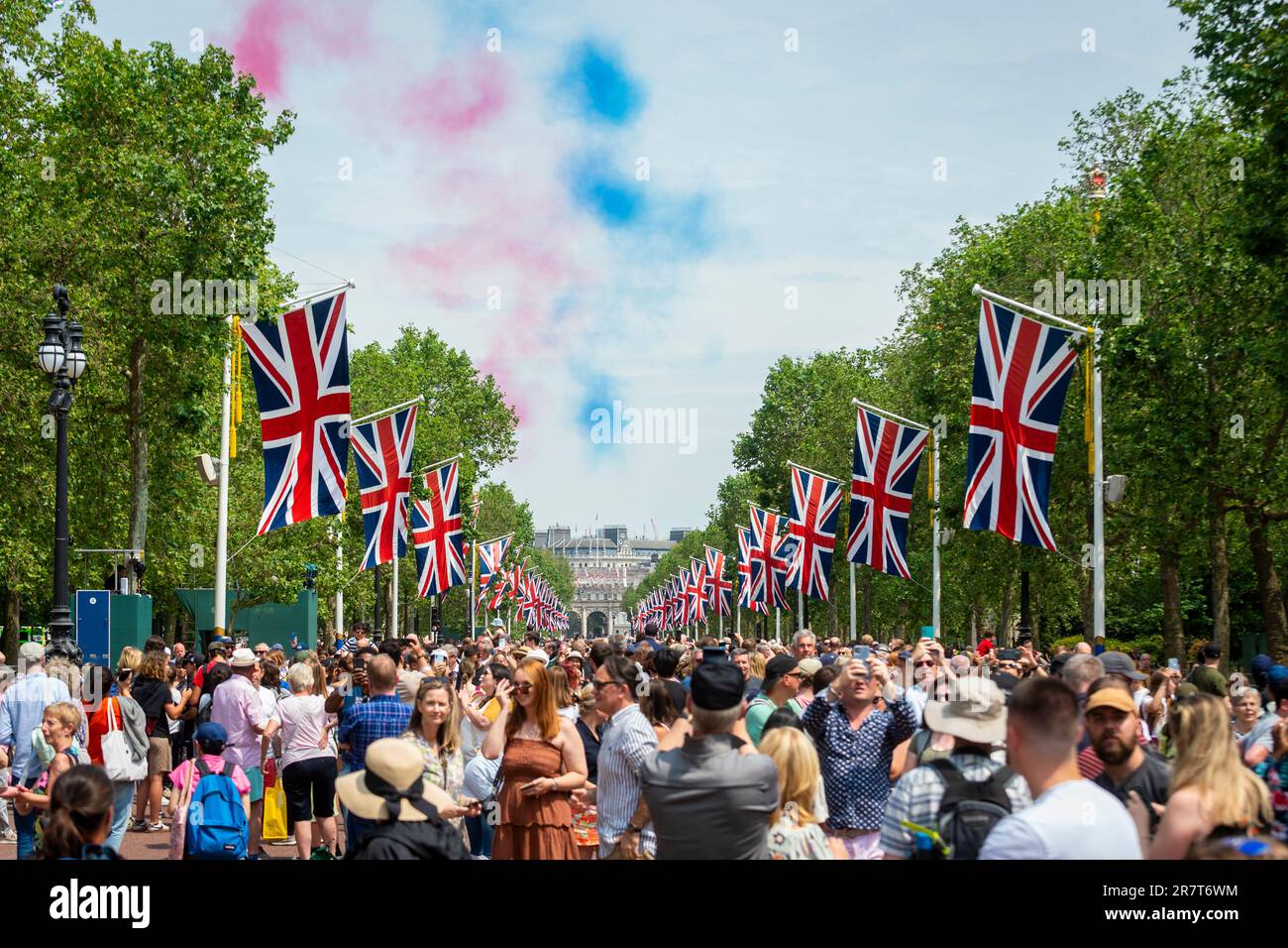 London, UK. 17 June 2023. Smoke trails left by the Red Arrows in a ...