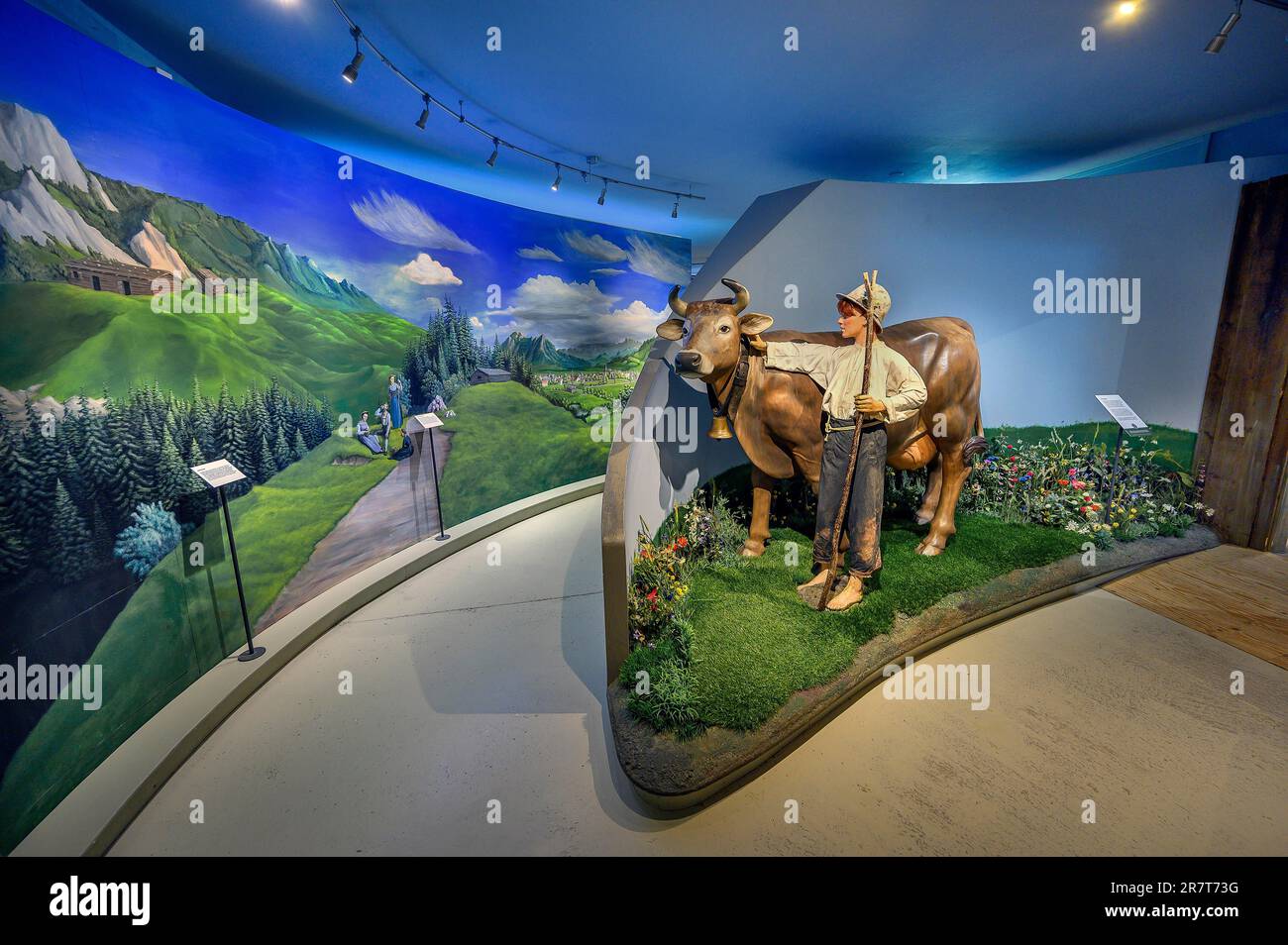 Painted landscape panorama with cow and guardian boy, Allgaeuer ...