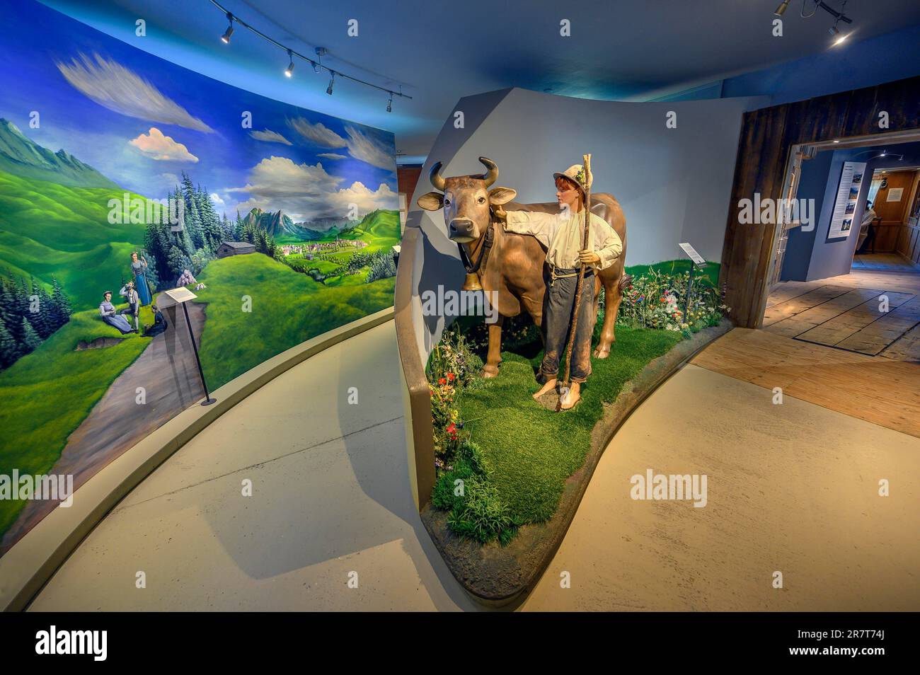 Painted landscape panorama with cow and guardian boy, Allgaeuer ...