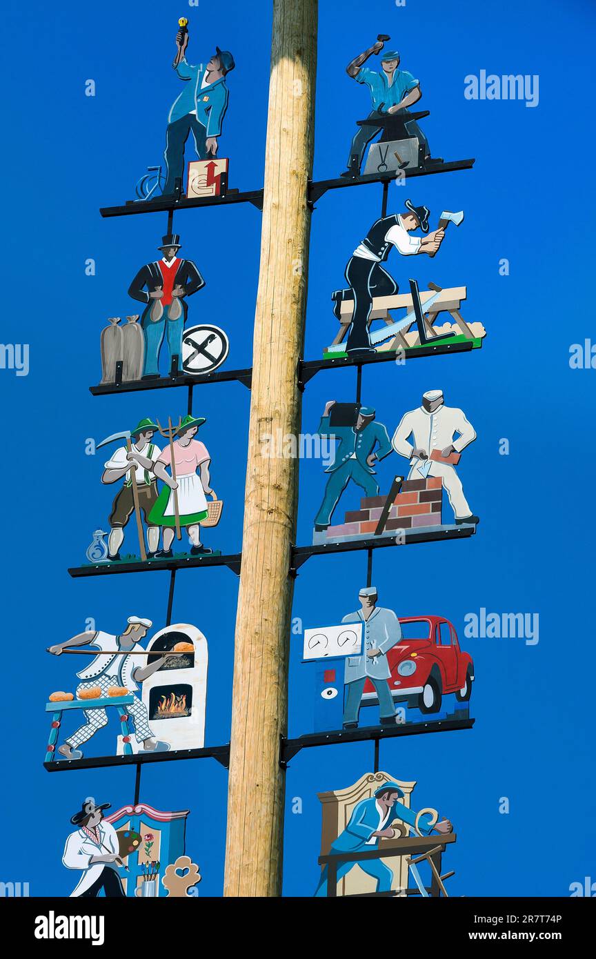 Figures on the maypole in Haldenwang, Allgaeu, Bavaria, Germany Stock ...