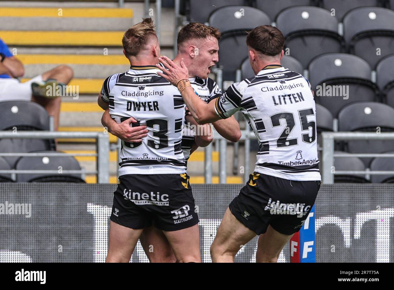 Jake Trueman #6 of Hull FC celebrates his try during the Betfred ...