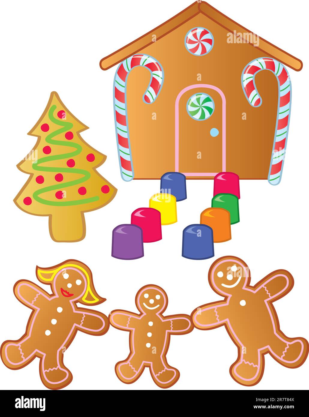 A gingerbread family standing outside their gingerbread house made of ...